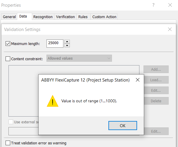 The "Value is out of range (1..1000)" pop-up received on the field's validation settings – Help ...