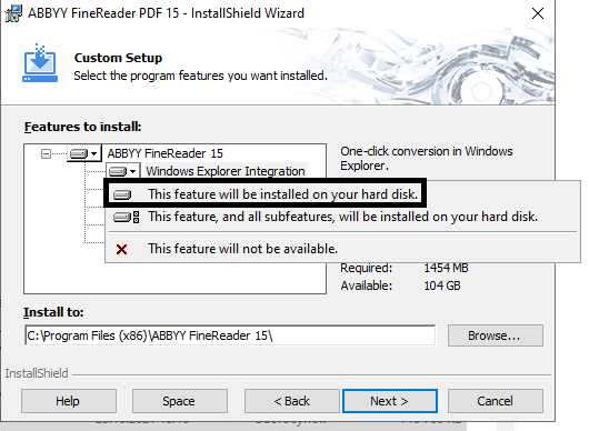 Enabling the installation of FineReader PDF components (Screenshot Reader, Hot Folder, Compare ...